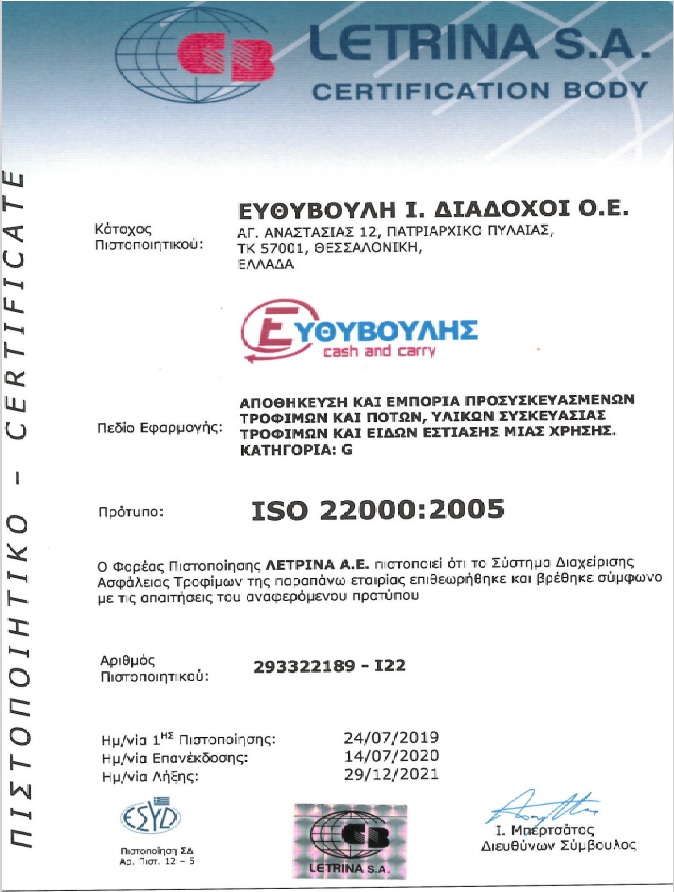 Ευθυβούλης | Πιστοποίηση HACCP από Eurolab
